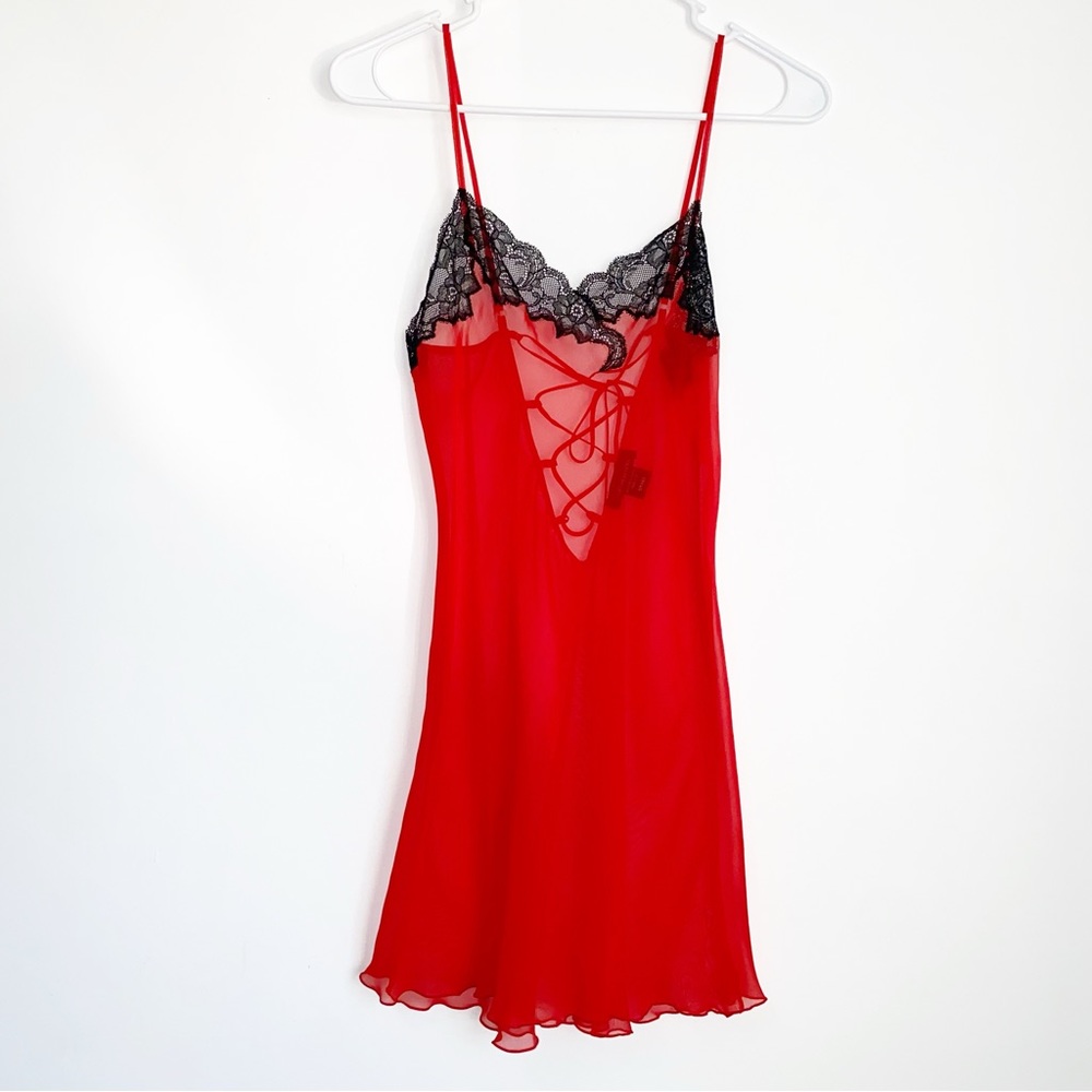 Sheer Red Nightgown Negligee With Black Lace - Gem